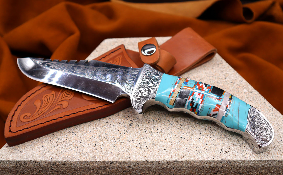 Turquoise Inlay Hunting Knife w/ Leather Sheath – Catawba Cultural ...