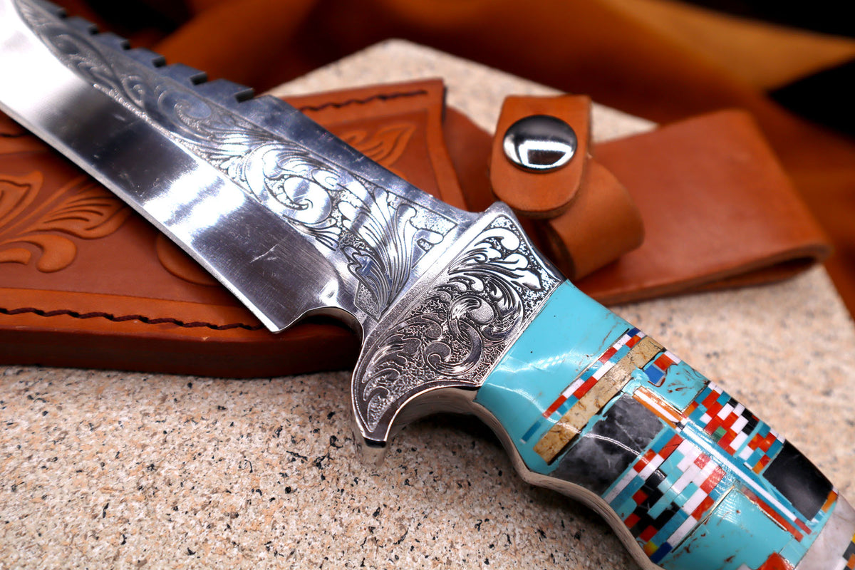 Turquoise Inlay Hunting Knife w/ Leather Sheath – Catawba Cultural ...